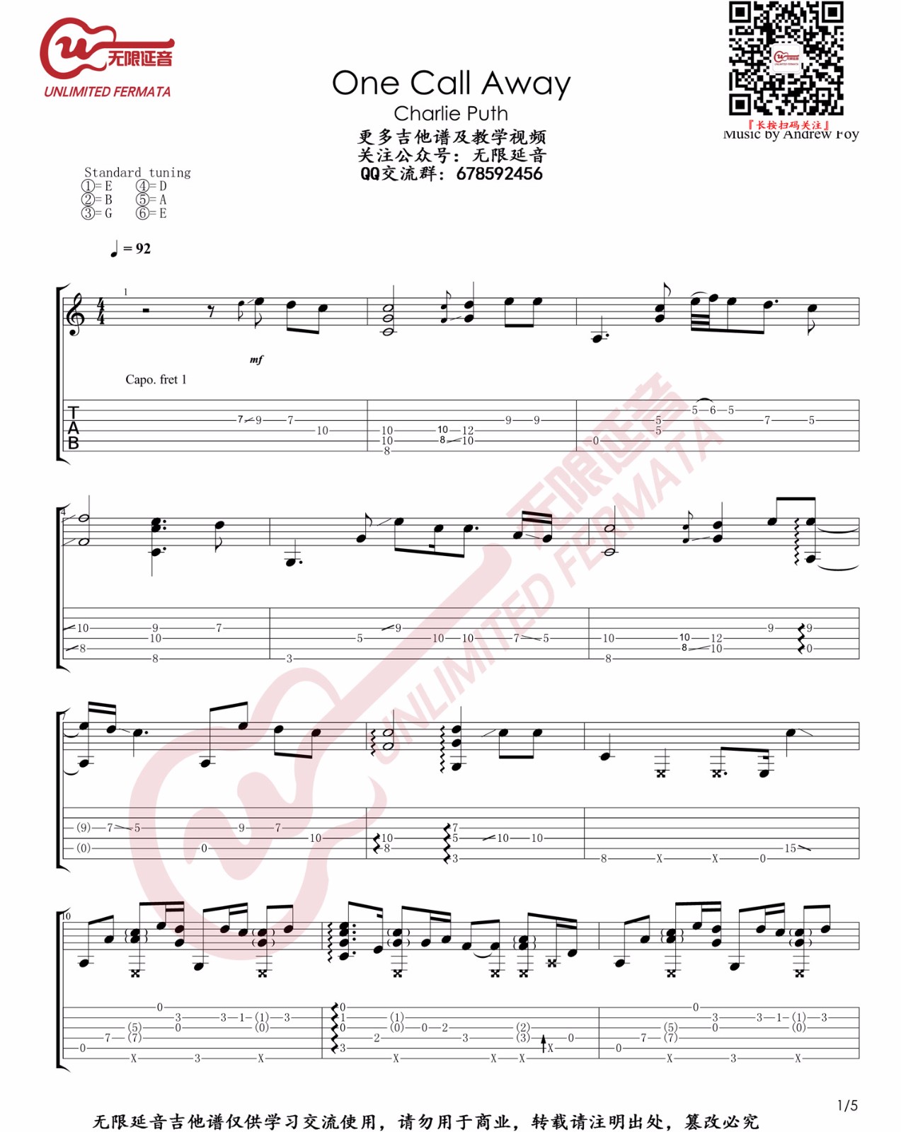 《One Call Away》指弹吉他谱_Andrew Foy_原版独奏六线谱 - 吉他屋乐谱网
